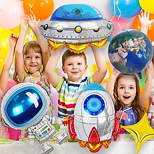 MIKIMIQI 9 Pcs Outer Space Balloons Space Themed Foil Balloons UFO Party Supplies Decorations Large Moon Stars Planet Rocket Astronaut UFO Balloon Baby Shower Birthday Party Supplies Favors