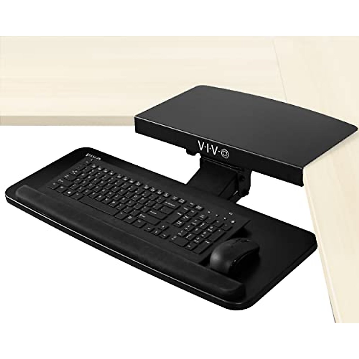 VIVO Adjustable Computer Keyboard and Mouse Platform Tray with Corner Connector, Ergonomic Under Table Desk Mount Drawer for L-Shaped Workstations, Underdesk Shelf, Black, MOUNT-KB03B-C