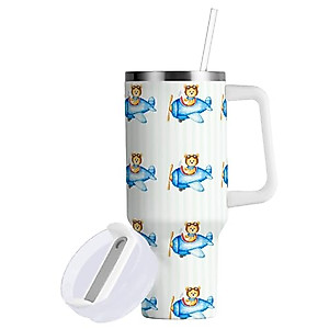 ODAWA Large Travel Coffee Tumbler with Handle and Straw, Bear Pilot Blue Airplane Leak Proof Tumbler