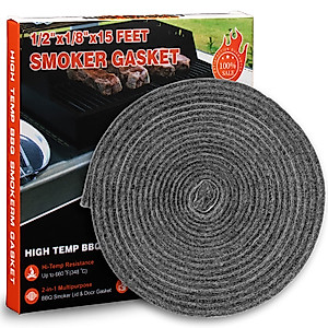 Smoker Gasket Seals 15 FT, 1/2" x 1/8" High Temp Grill Gasket Replacement Self Stick Felt, High Heat BBQ Gasket Tape Smoker Chef for Smokers BBQ Lid Black
