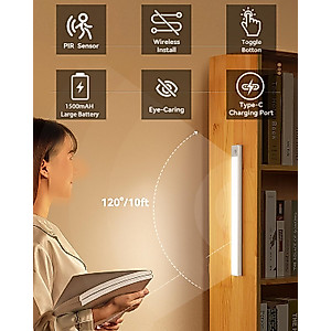 9in Motion Sensor Under Cabinet Lights Wireless, 1500mAh Battery Operated Counter Light Rechargeable Type-C USB,Ultra Thin Cabinet Lighting for Kitchen,Bedroom,Stair,Wardrobe,Cupboard(Warm White) 2Pcs