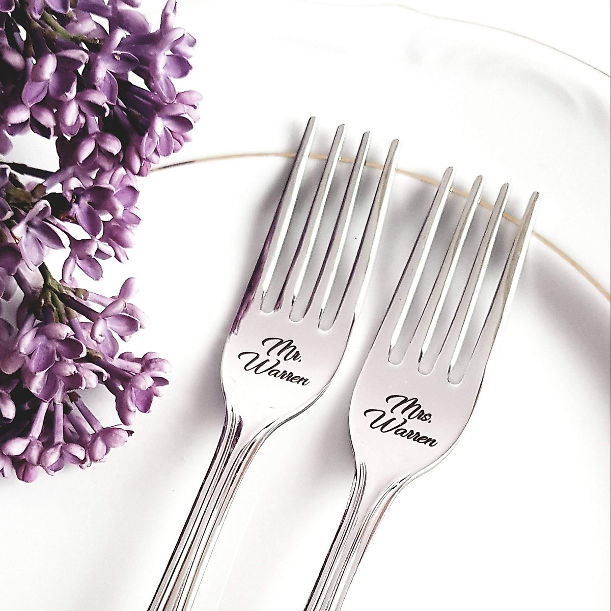 Personalized Reusable Silverware Sets for Bride and Groom, Engraved Mr and Mrs Forks for Wedding Cake Ceremony, Engagement Bridal Shower Anniversary Birthday Congratulations Gifts