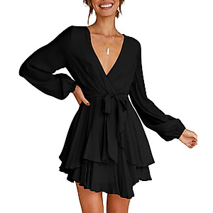Womens Skater Dress Deep V-Neck Lantern Sleeve Tie Waist Ruffle Mini Dress Black L