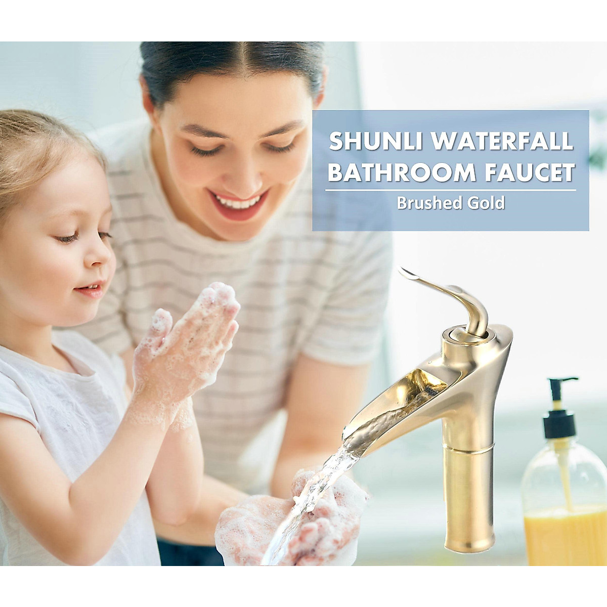 SHUNLI Waterfall Bathroom Faucet Brushed Gold Bathroom Sink Faucet,Single Hole Single Handle Lavatory Vanity Bath Faucet Commercial,Solid Brass