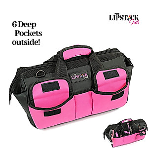 LipStick Tools 18-Inch Multi-Purpose Zip-Top Pink Storage Wide Mouth Tool Bag Organizer. Great for Home Improvement/Contractors Tools. Heavy Duty Storage Pockets and Shoulder Strap.