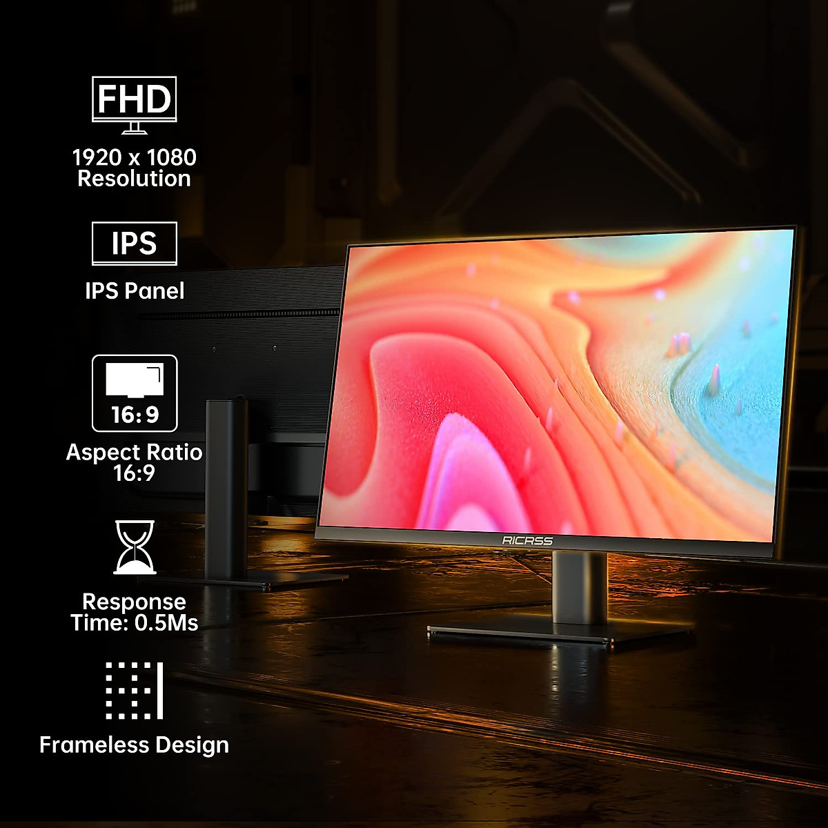 23.8” Monitor, RICRSS 75Hz FHD (1920 x 1080) IPS Computer Monitor with 178° Wide Viewing Angle, Frameless and VESA Mounting, ELED Display-Ergonomic Tilt, Low Blue Light Eye Care Mode (HDMI & VGA Port)