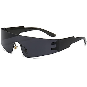 AIEYEZO Modern Fashion Rimless Futuristic Wrap Around Sunglasses Women Men Cyberpunk Visor Sun Glasses Trendy Future Shades (Black/Grey)