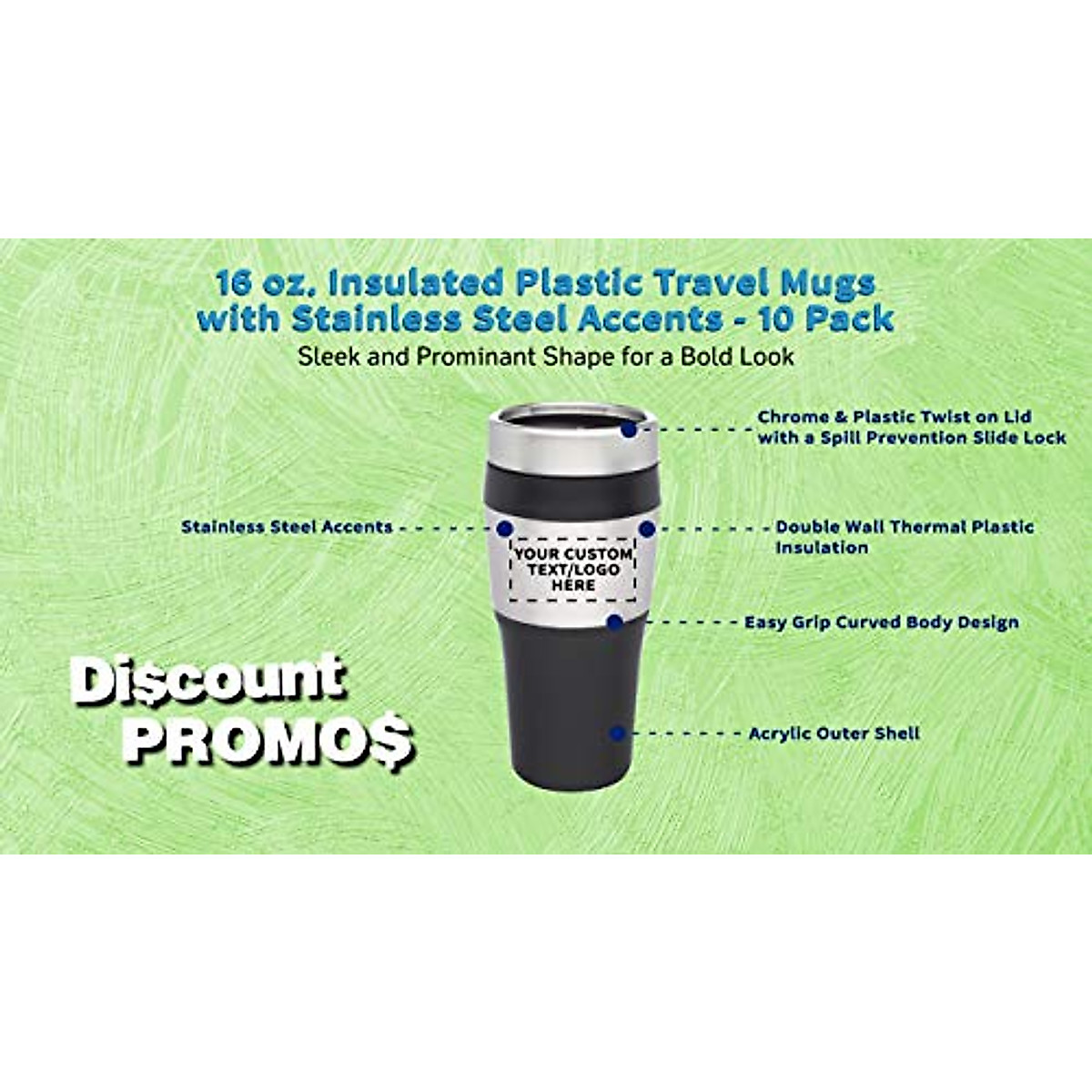 Personalized 16 oz. Insulated Plastic Travel Mugs - 10 Pack - Custom Text, Logo - Stainless Steel