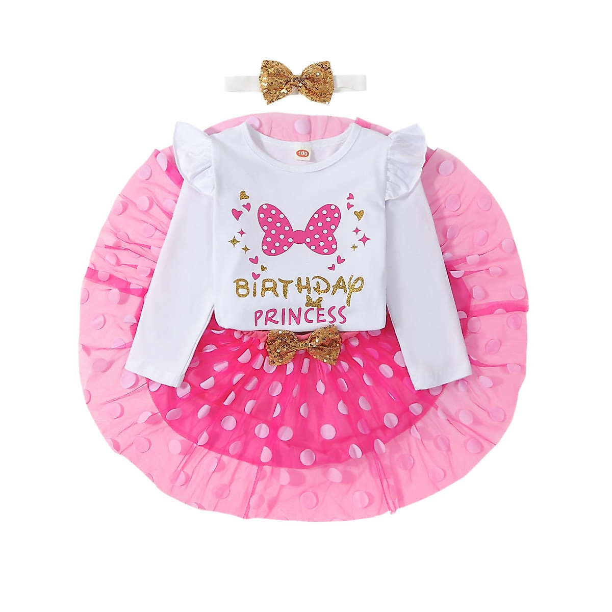 vivifayee Toddler Kids Baby Birthday Girl Outfit Ruffle Long Sleeve Mouse Ears Birthday Shirt Polka Dots Tutu Dress Cute Skirt Sets with Headband