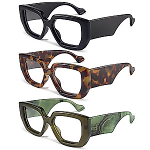 livho 3 Pack Blue Light Glasses Women Men Oversized Fashion Computer Bluelight Blocking Thick Frame Eyeglasses Anti Eyestrain (A1 Black/Dark Green/Leopard)