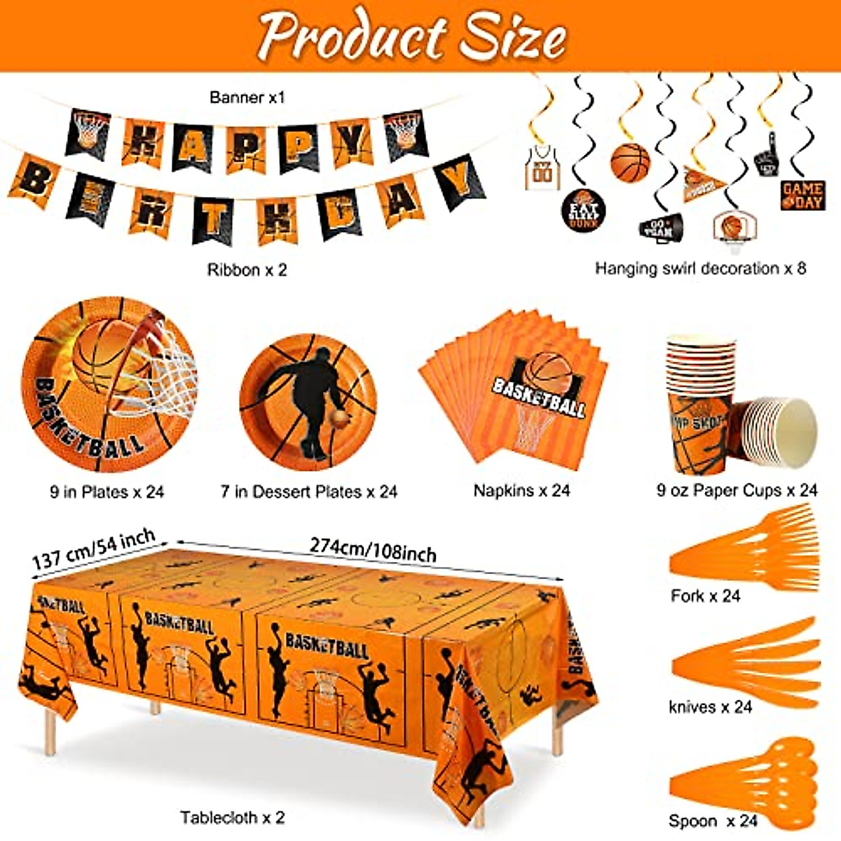 181 Pcs Basketball Theme Birthday Party Decorations 2 Basketball Sports Tablecloth 8 Hanging Swirls Basketball Hoop Banner 24 Set Basketball Tableware Plates Cups Napkins for Boy Kids Party Decor
