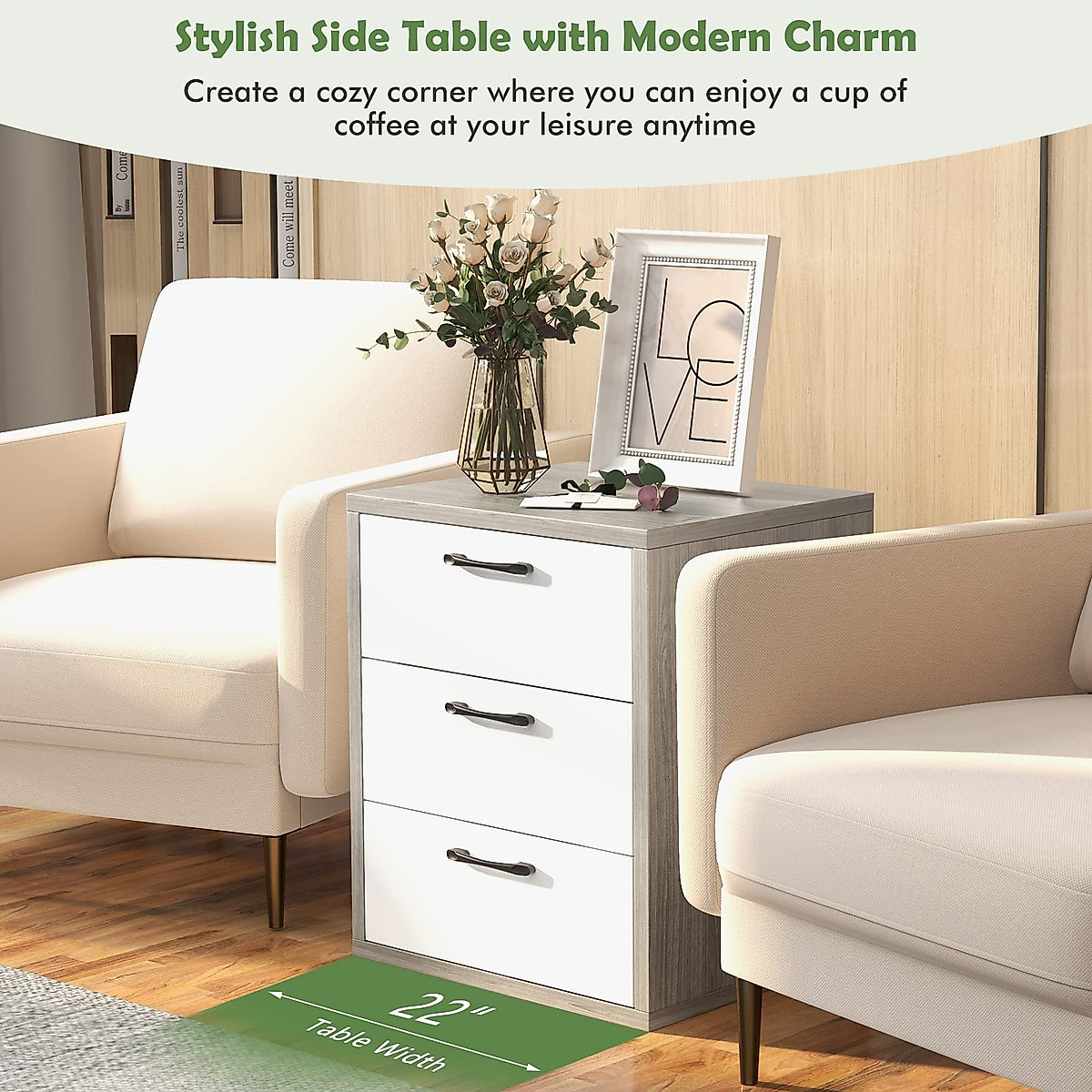 Giantex 3 Drawer Dresser, 26" Tall Wood Drawer Chest Dresser Cabinet with Storage & Gray Grain, Storage Cabinet, Nightstand for Living Room, Bedroom, Hallway, Entryway