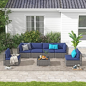 Yangming 7 Piece Outdoor Patio Furniture Sets, Outdoor Sectional Furniture with Tempered Glass Table and Cushion, Rattan Chairs Wicker Couch Conversation Set for Deck, Backyard, Porch, Lawn, Garden
