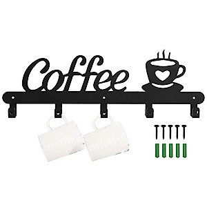 TOPZEA Coffee Mug Holder Wall Mounted, Metal Coffee Mugs Hanger Display Rack with 5 Hooks, Hanging Cup Storage Organizer Decorative Coffee Sign Decor for Kitchen, Coffee Bar Station Accessories