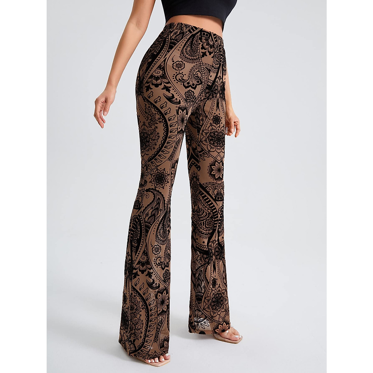 OYOANGLE Women's Bootcut High Waisted Yoga Pants Floral Print Wide Leg Pants Trousers Brown Floral M