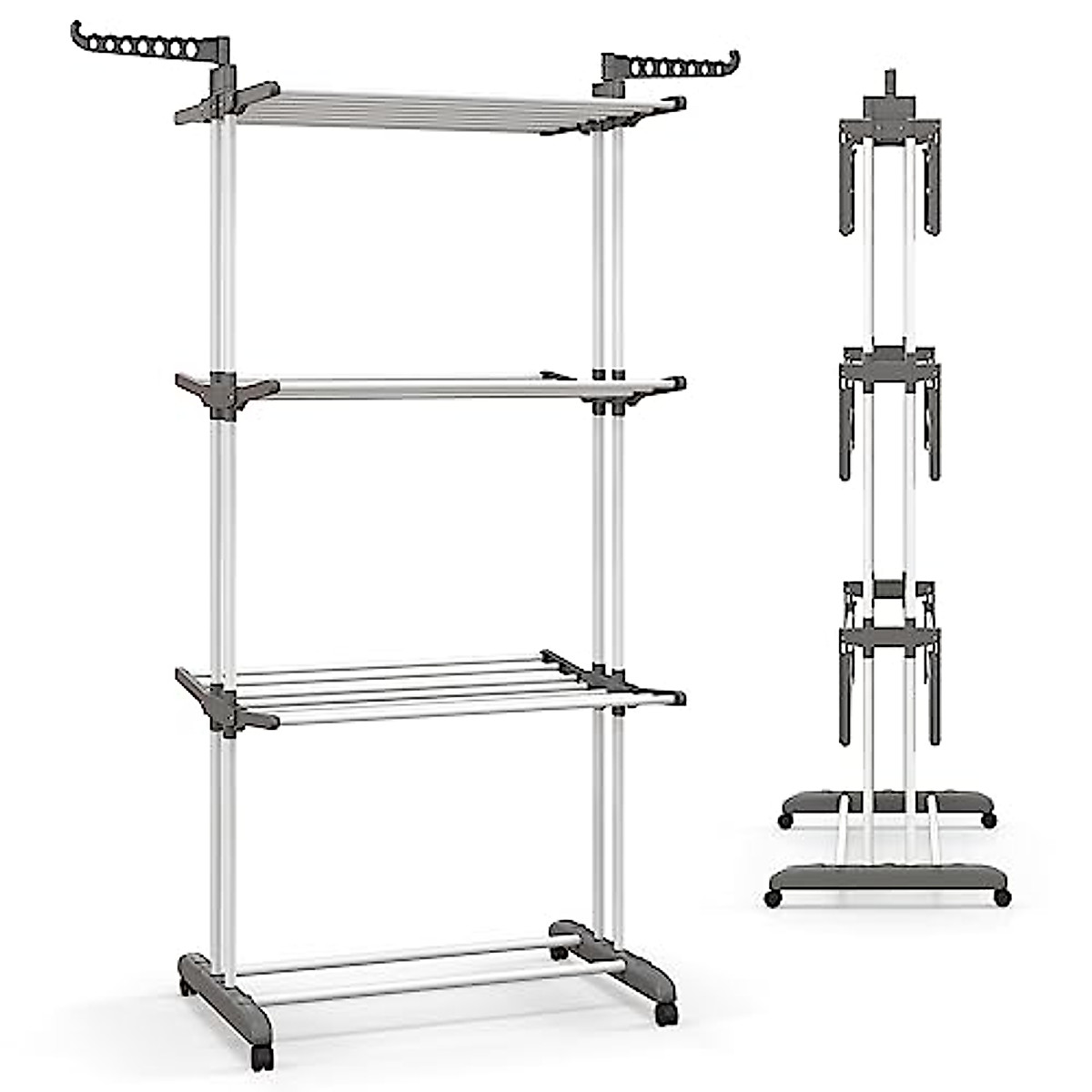 Tangkula 4-Tier Clothes Drying Rack, Collapsible Laundry Rack Stand with 2 Hanger Holders, 3 Tier Retractable Trays, 1 Bottom Shoe Rack, Movable Garment Drying Station with 4 Castors (Silver)