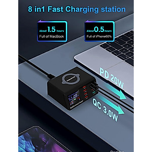 WANLONGXIN 100W 8-Port USB Qi Wireless Charging Station, QC3.0/PD Fast Charge for Phones Tablets USB Tools, Multi-Device Smart IC Desktop Organizer Hub
