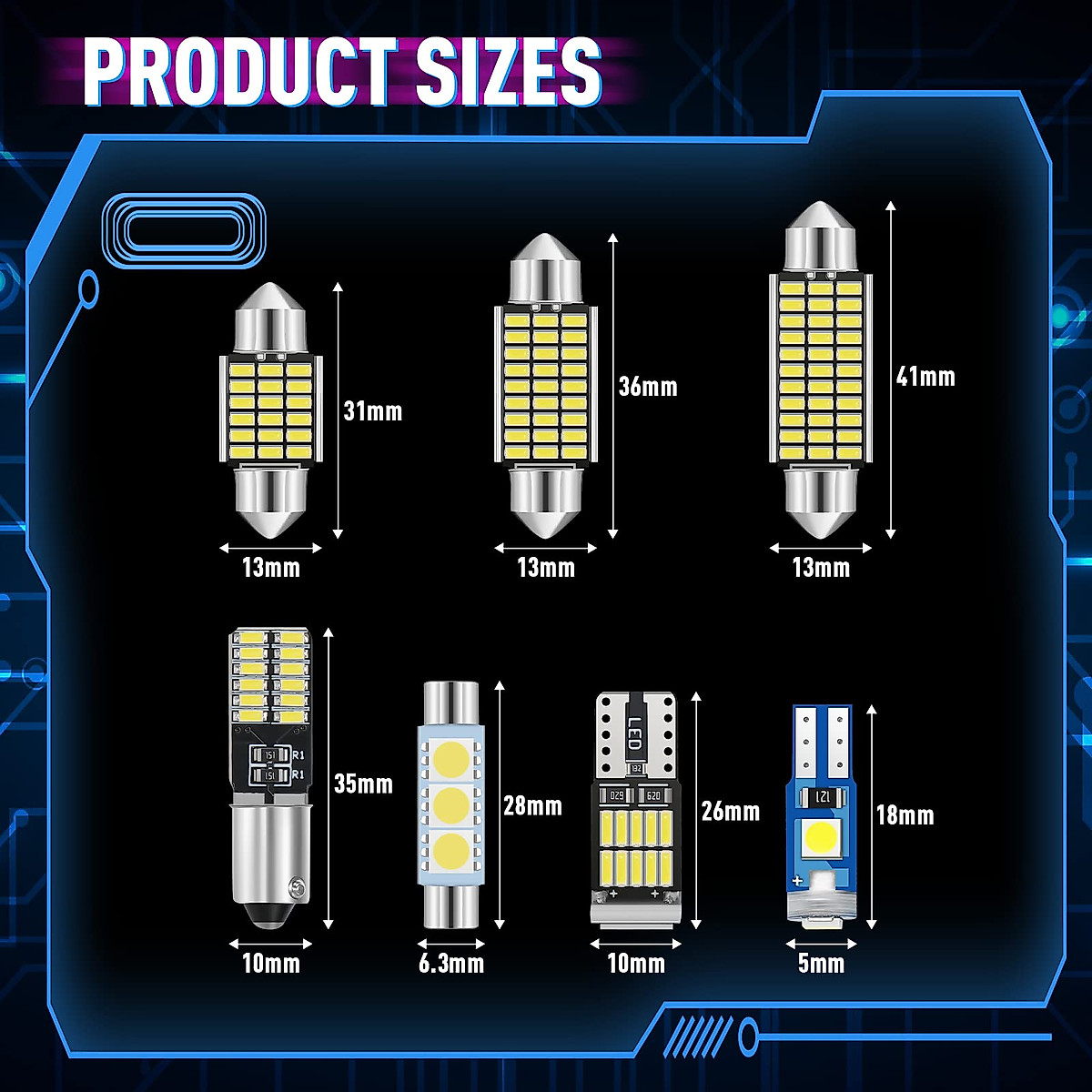 Tallew 42 Pieces Interior Car LED Dome Light 28 mm 31 mm 36 mm 41 mm BA9S T5 T10 Bulb Kit LED Dome Light for Car Interiors Map Dome Trunk Cargo Door Courtesy License Plate(White)