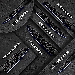Astercook Knife Set, 12 Pcs Colorful Geometric Pattern Kitchen Knife Set, 6 Stainless Steel Kitchen Knives with 6 Blade Guards, Dishwasher Safe, Black