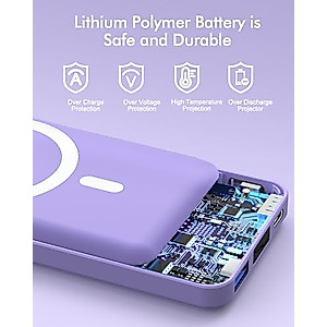 podoru Wireless Portable Charger, 10000mAh Magnetic Power Bank with Type-C Cable LED Display 22.5W PD Fast Charging Lighting Mag-Safe Battery Pack for iPhone 15/14/13/12/Mini/Pro/Pro Max-Purple