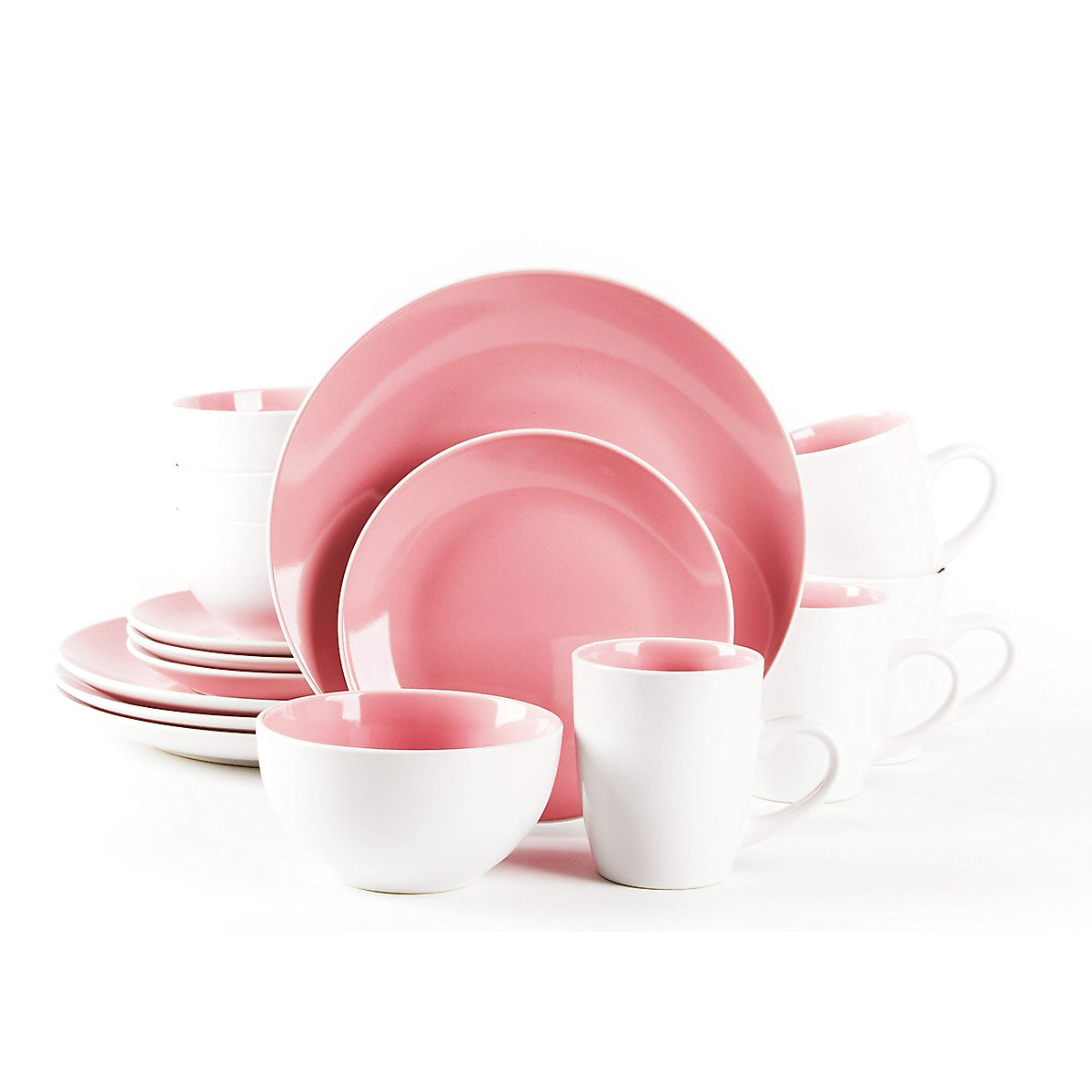 HomeVss, Stoneware Coupe Shape 16pc Dinnerware Set, Outside White + Inside Pink