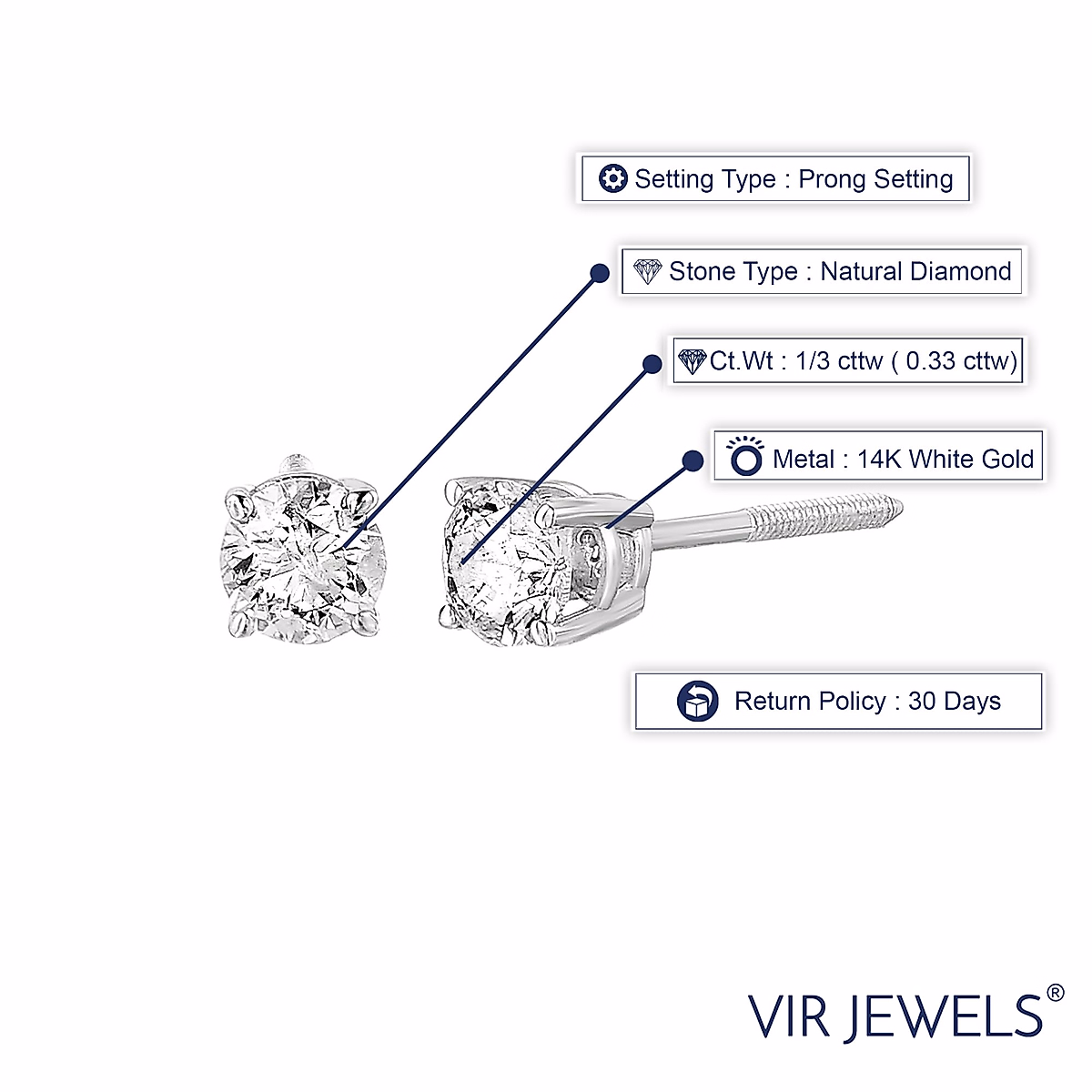 Vir Jewels 1/3 cttw Diamond Stud Earrings 14K White Gold