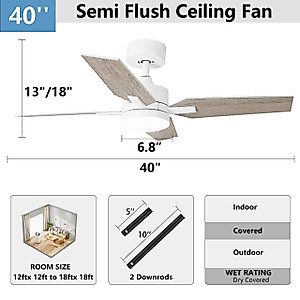 Ohniyou 40” Ceiling Fans with Lights and Remote, Small Outdoor Ceiling Fans with Light for Patio, Modern Ceiling Fan Light for Bedroom Porch(White)