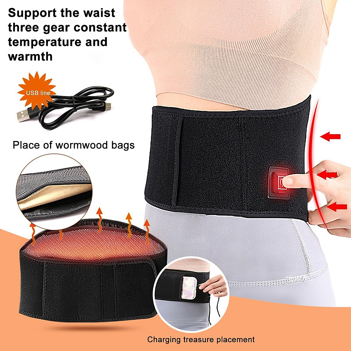 Back Heating Waist Pad, Electric Waist Support Vibration Massage Lower Back Pain Lumbar Spine Cramps Relief-USB Lumbar Heating Pad Warm Therapy Waist Belt Black