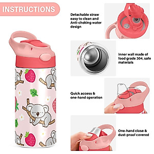 Kigai Koala Strawberry Kids Water Bottle, Insulated Stainless Steel Water Bottles with Straw Lid, 12 oz BPA-Free Leakproof Duck Mouth Thermos for Boys Girls