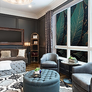 BoeHiop Window Privacy Film, Luxury Gold Green Palm Leaves Frosted Window Clings, Decorative Glass Covering Decals, Non-Adhesive Vinyl, 17.7 x 23.6 in