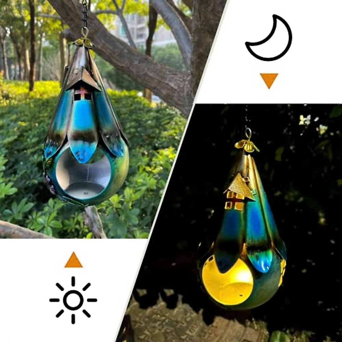 Solar Wild Bird Feeder, Wrought Iron Garden Hanging Ornament Birdhouse, Bird Feeder for Outdoors Hanging Solar Garden Lantern Bird House with S Hook as Gift Ideas for Bird Lovers (A)