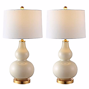 SAFAVIEH Lighting Collection Karlen Modern Contemporary Cream/ Gold Leaf Double Gourd 29-inch Bedroom Living Room Home Office Desk Nightstand Table Lamp Set of 2 (LED Bulbs Included)