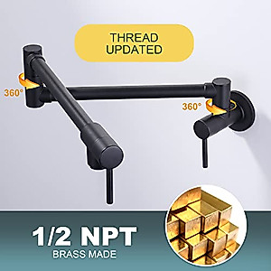 Aleasha Brass Made Pot Filler, Matte Black Pot Filler Faucet, Wall Mount Folding Kitchen Sink Pot Filler Faucets, Retractable Single Hole Pot Filler with Two Handles for Sink Stove