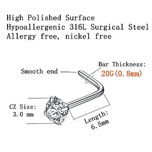 BLESSMYLOVE 6pcs 20g 3.0mm Clear CZ 316L Surgical Steel Silver Nose Studs Nostrial Piercing Body Jewerly L Shaped Studs for Women, Cubic Zirconia Stainless Steel Nose Rings