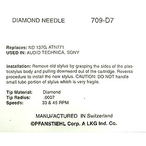 Pfanstiehl Phonograph Needle Stylus For Audio Technica ATN-771 Sony ND-137G VL-37G Sanyo Fisher ST-100 Dual DN-441 DMS242E