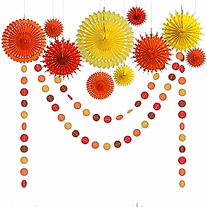 Orange Yellow Red Thanks Giving Party Decorations Autumn Fall Paper Fan Tissue Pompom Hanging Circle Dot Garland Banner Backdrop Birthday Wedding Bridal Baby Shower Decor Home Office School