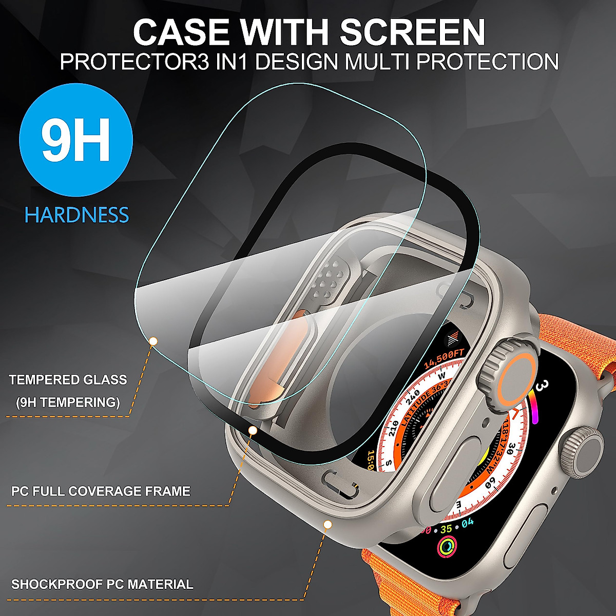 Suoman 3 in 1 for Apple Watch Series 8/7/6/5/4/SE 2 44mm Case, 9H Tempered Glass Screen Protector+ Full Coverage Durable PC Hard Matte Protective Cover Bumper -Titanium