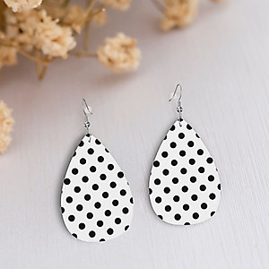 Faux Leather Earrings Black White Polka Dot Teardrop Dangle Earrings For Women