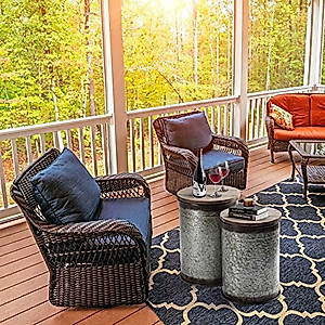 Rustic Storage Ottoman Seat Stool, Farmhouse Accent Side Table, Antique Galvanized Metal End Table Box Bin with Round Wooden Lid Set of 2 (Stand Galvanized)