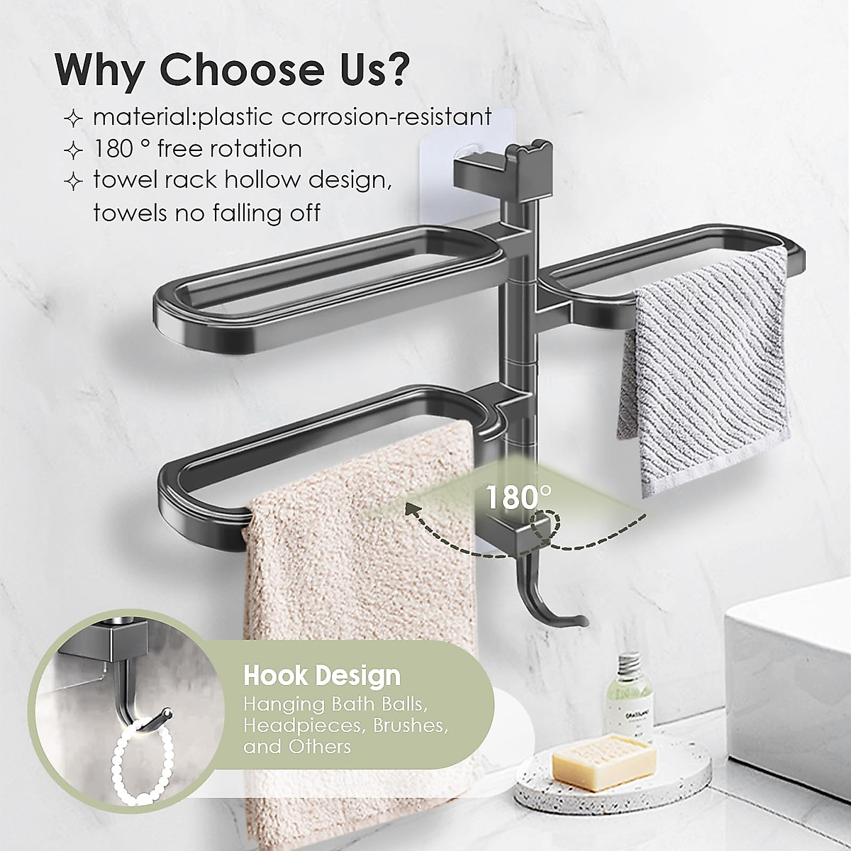 Pysrych No Drill Swivel Towel Rack Wall Mounted 3-Arm Towel Bar ABS Self-adhesive Towel Holder with Hook for Bathroom Shower Kitchen Grey