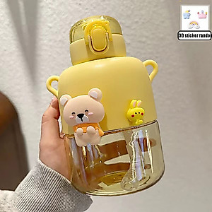 JZSMY 700ml Kawaii Straw Water Bottle, Cute Water Bottles with 3D Stickers, Milk Juice Cute Water Bottle Plastic Water Bottles with Portable Rope For Outdoor Travel (Pink)