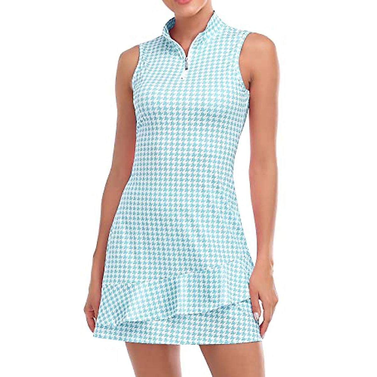 Viracy Tennis Dress for Women Golf Outfits Sleeveless Stand Collar Short Dresses with Pockets Zip Up Moisture Wicking for Workout Athletic Blue Houndstooth-M