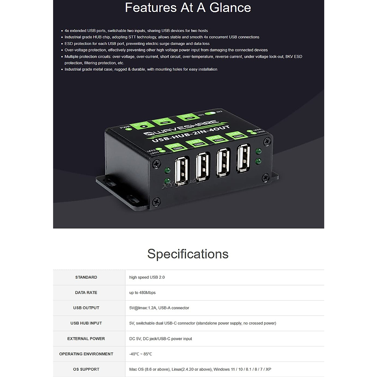 Industrial Grade USB HUB, Extending 4X USB 2.0 Ports, Switchable Dual Hosts @XYGStudy (USB-HUB-2IN-4OUT)