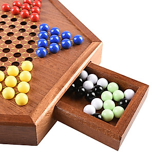 12.7 Inches Wooden Chinese Checkers with Drawers 12 Bonus Spare Marbles| Natural Wooden Board Game| includes 60 Colorful Glass Marbles | Family Board Game for Kids and Adults