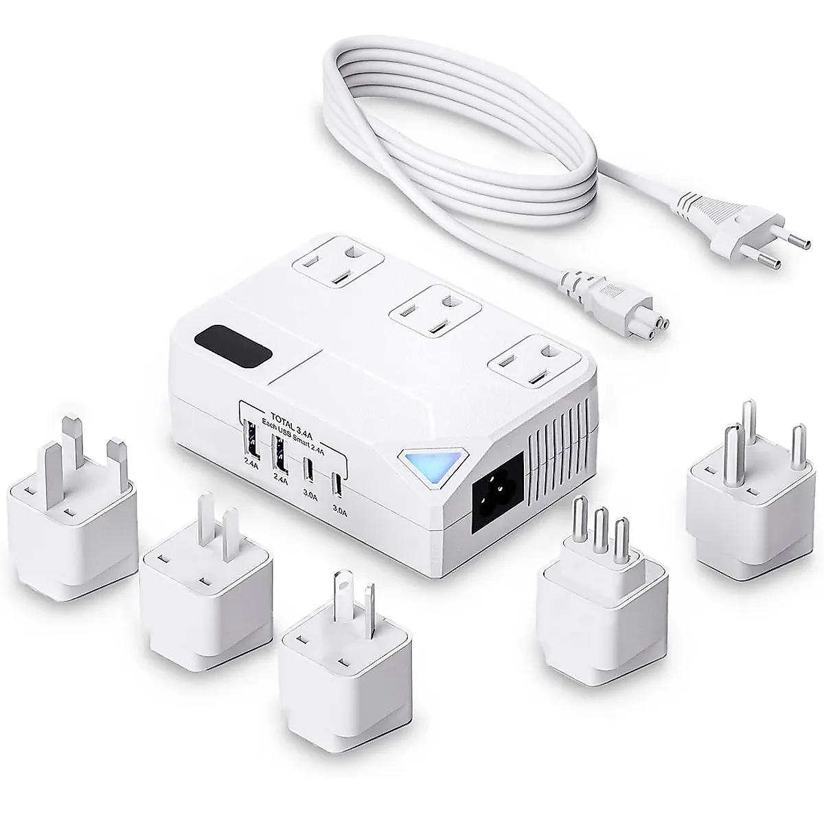 Travel Voltage Converter Step Down, 250W International Power Adapter for Hair Straightener/Curling Iron, Including UK/US/EU/AU/IT/India Universal Plug Adapter (White)