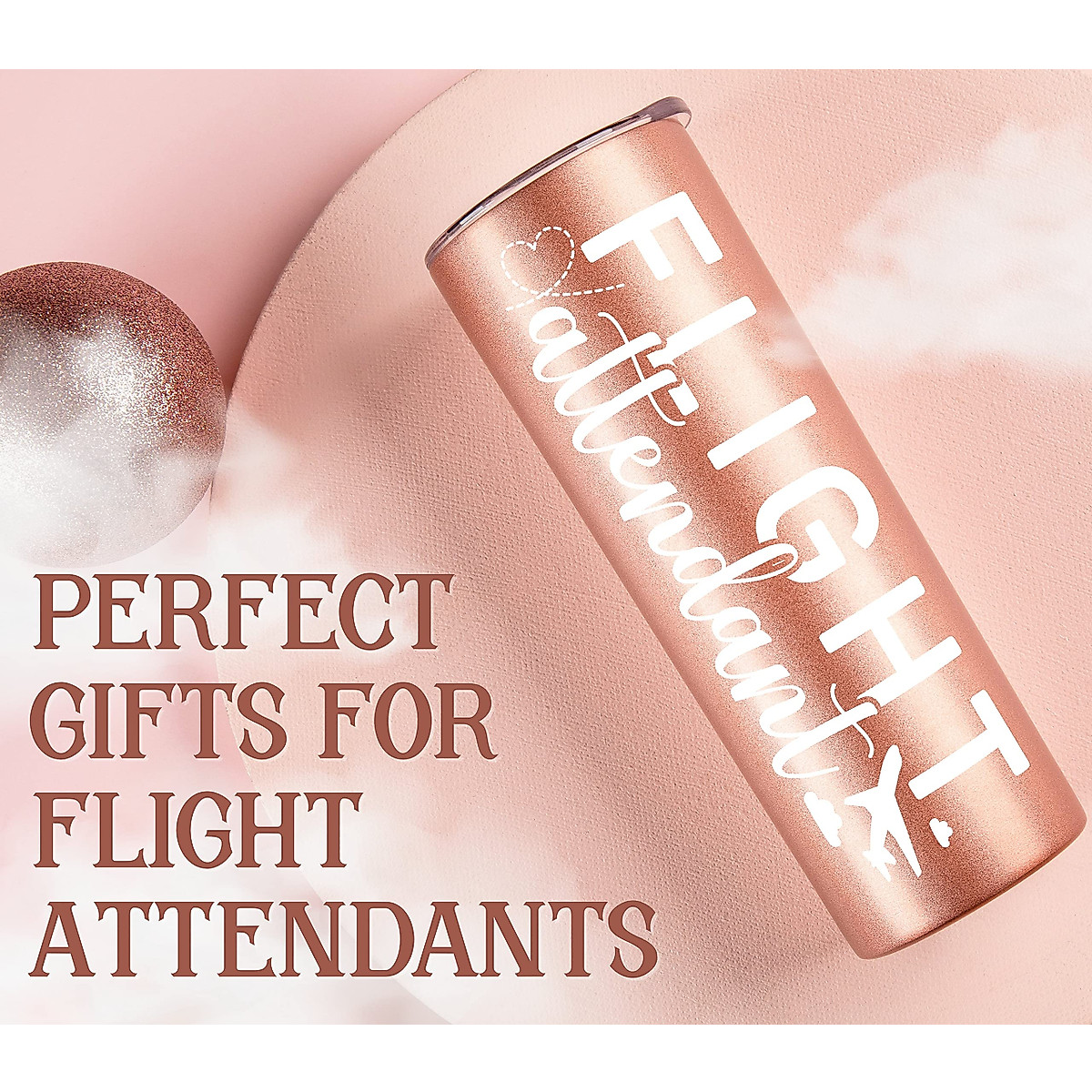 Onebttl Unique Flight Attendant Gifts for Women, Female Cabin Crew Members - Birthday, Holiday, Christmas gifts for Flight Attendant - 20 oz SS304 Rose Gold Stainless Steel Tumbler with Lid and Straw