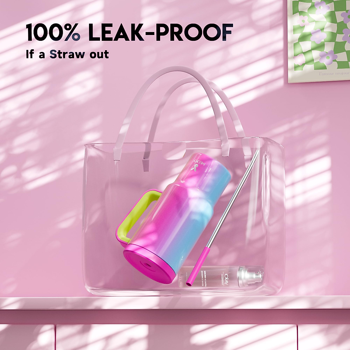 Meoky 24 oz Tumbler with Handle and Straw, 100% Leak-proof Tumbler with Lid and Straw, Insulated Stainless Steel Travel Coffee Mug, Keeps Cold for 24 Hours (Carnival)