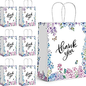 Thinkday 30 Pieces Thank You Paper Bags With Handles Floral Shopping Bags Party Favor Bags for Business Boutique Wedding Birthday Baby Shower Party Favors, 10 x 8 x 4 Inch