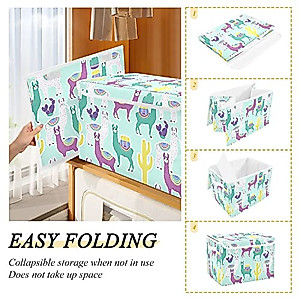 CaTaKu Llama Alpaca Green Storage Bins with Lids Fabric Large Storage Container Cube Basket with Handle Decorative Storage Boxes for Organizing Clothes Shelves