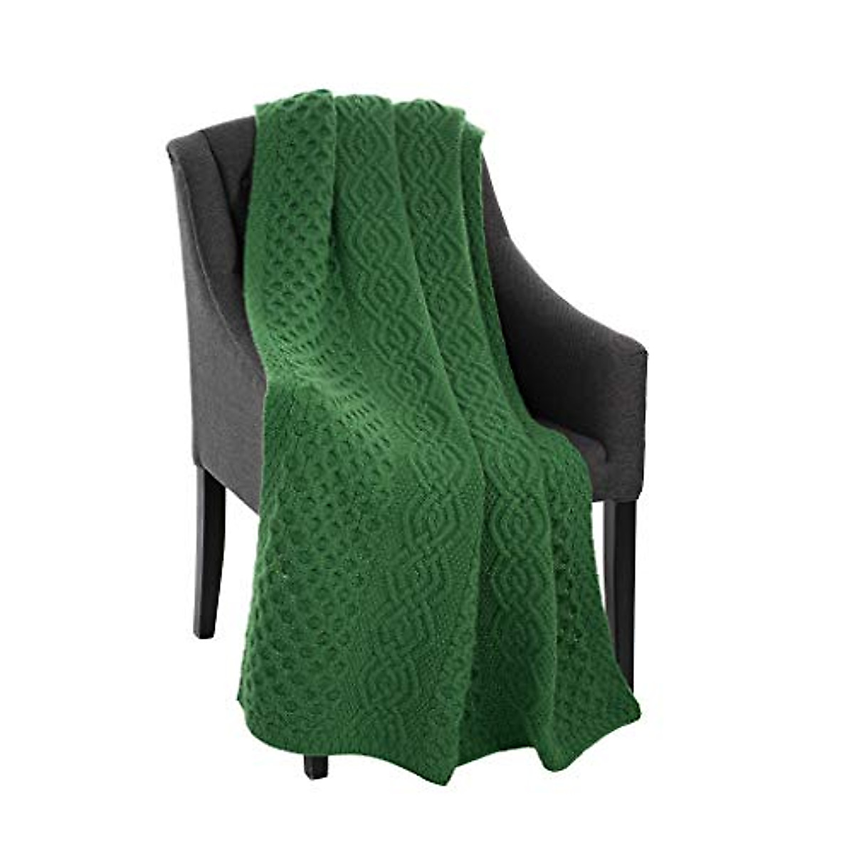 SAOL Honeycomb and Cable Knit Patterns 100% Irish Merino Wool Aran Throw/Blanket 60 x 40 inches (Green)